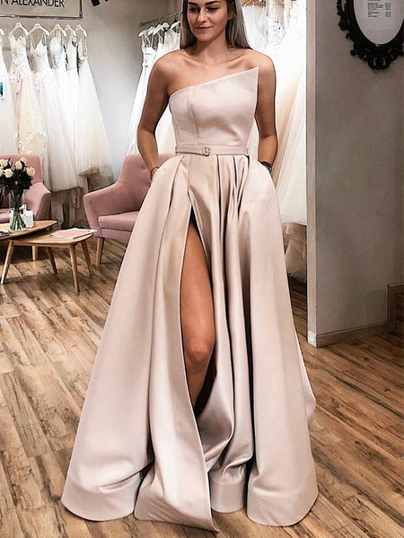 A-line Satin Simple Modest Party Elegant Long Prom Dresses with Slit P ...